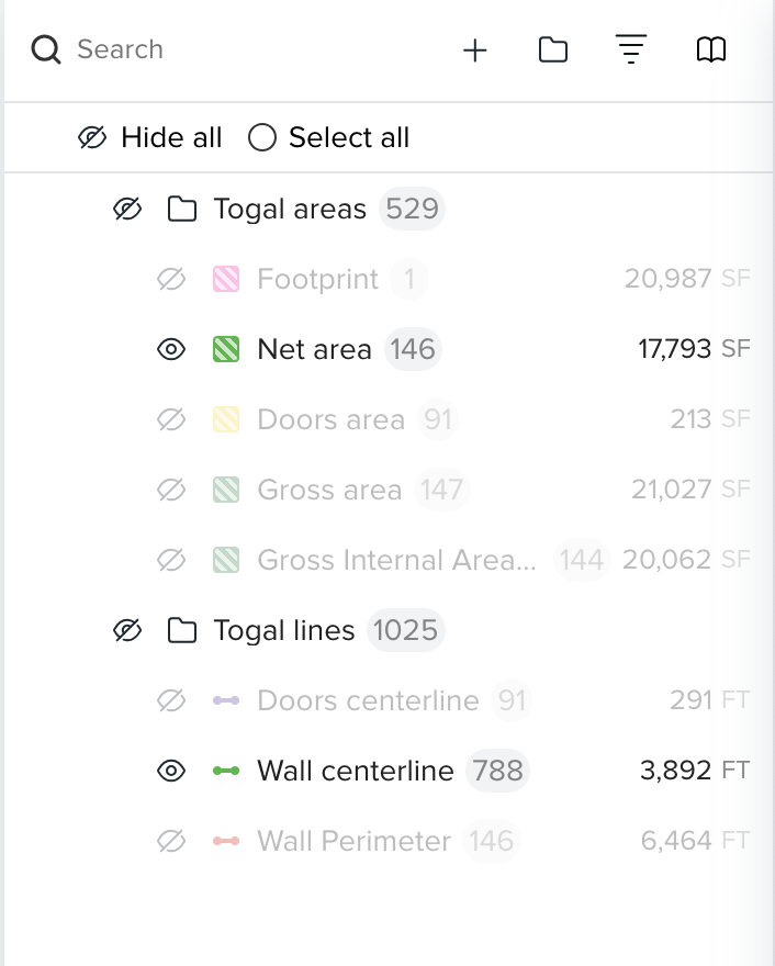Togal's Quantities Panel (Quantities List)