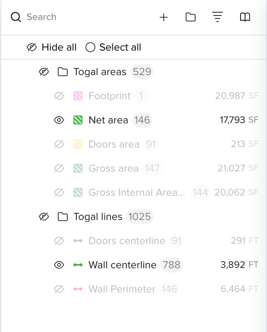 Togal's Quantities Panel (Quantities List)